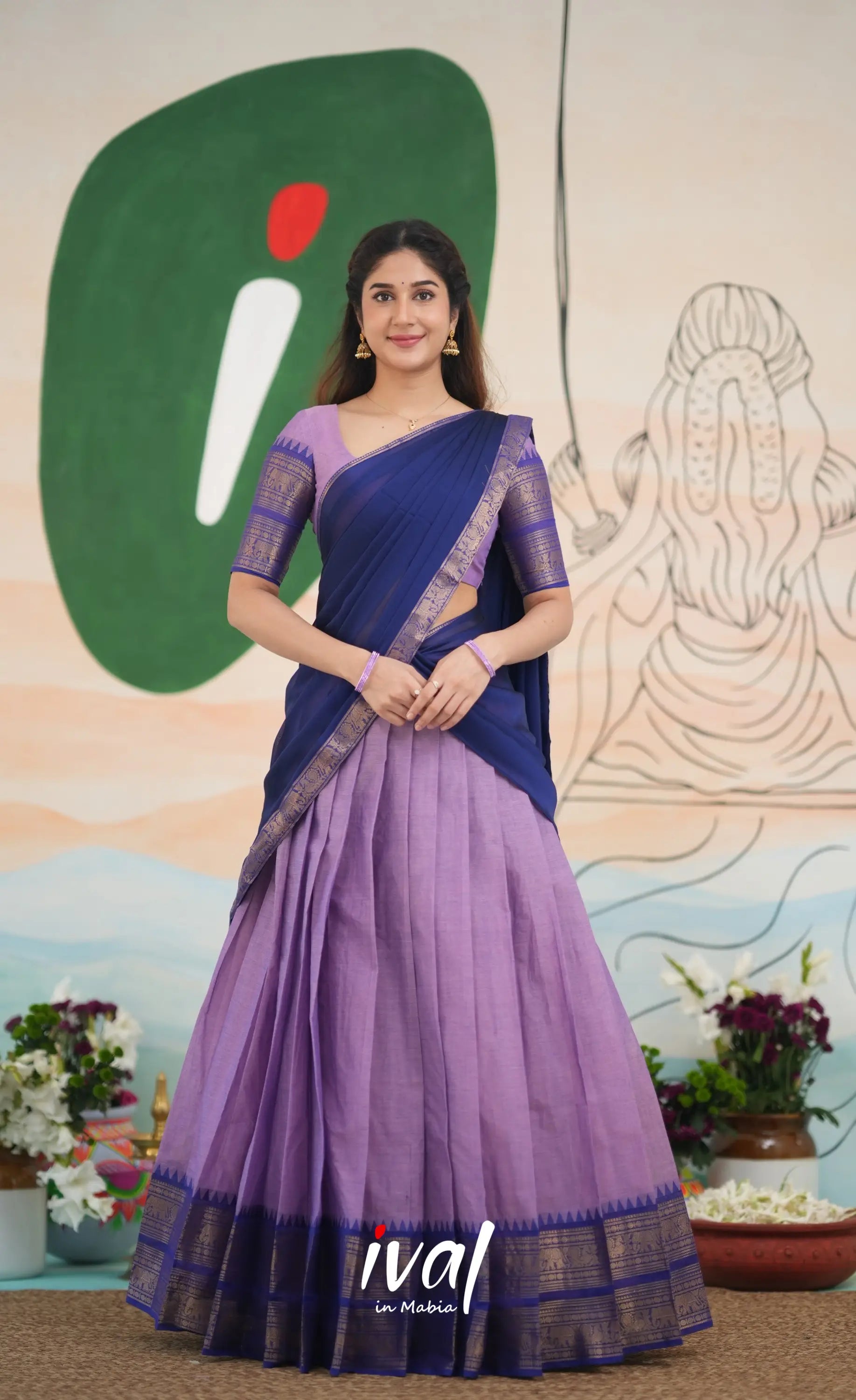 Padmaja Cotton Half Saree - Lavender and Dark Blue PRE ORDER – Ivalinmabia