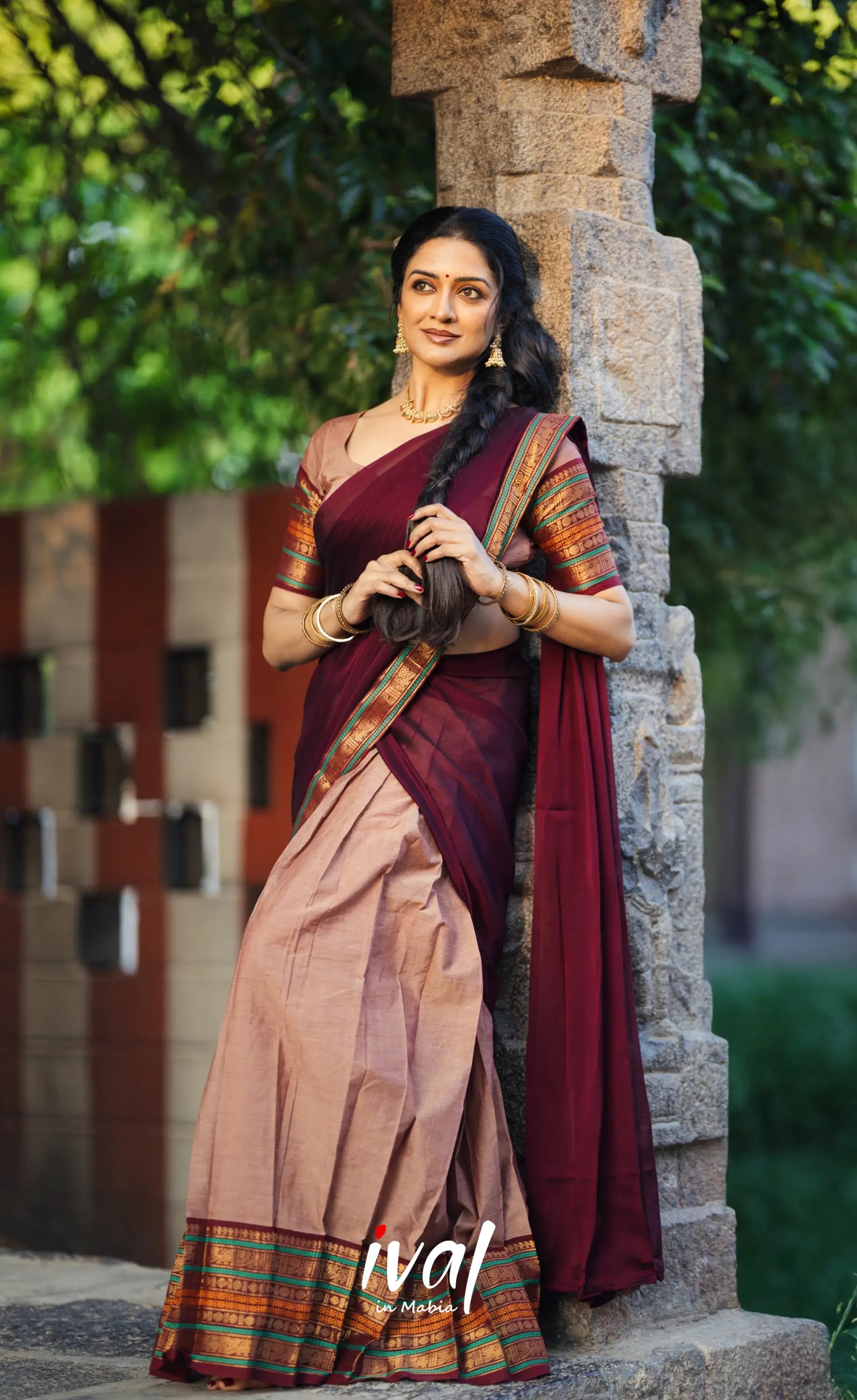 Padmaja Cotton Half Saree - Light Brown and Dark Brown – Ivalinmabia