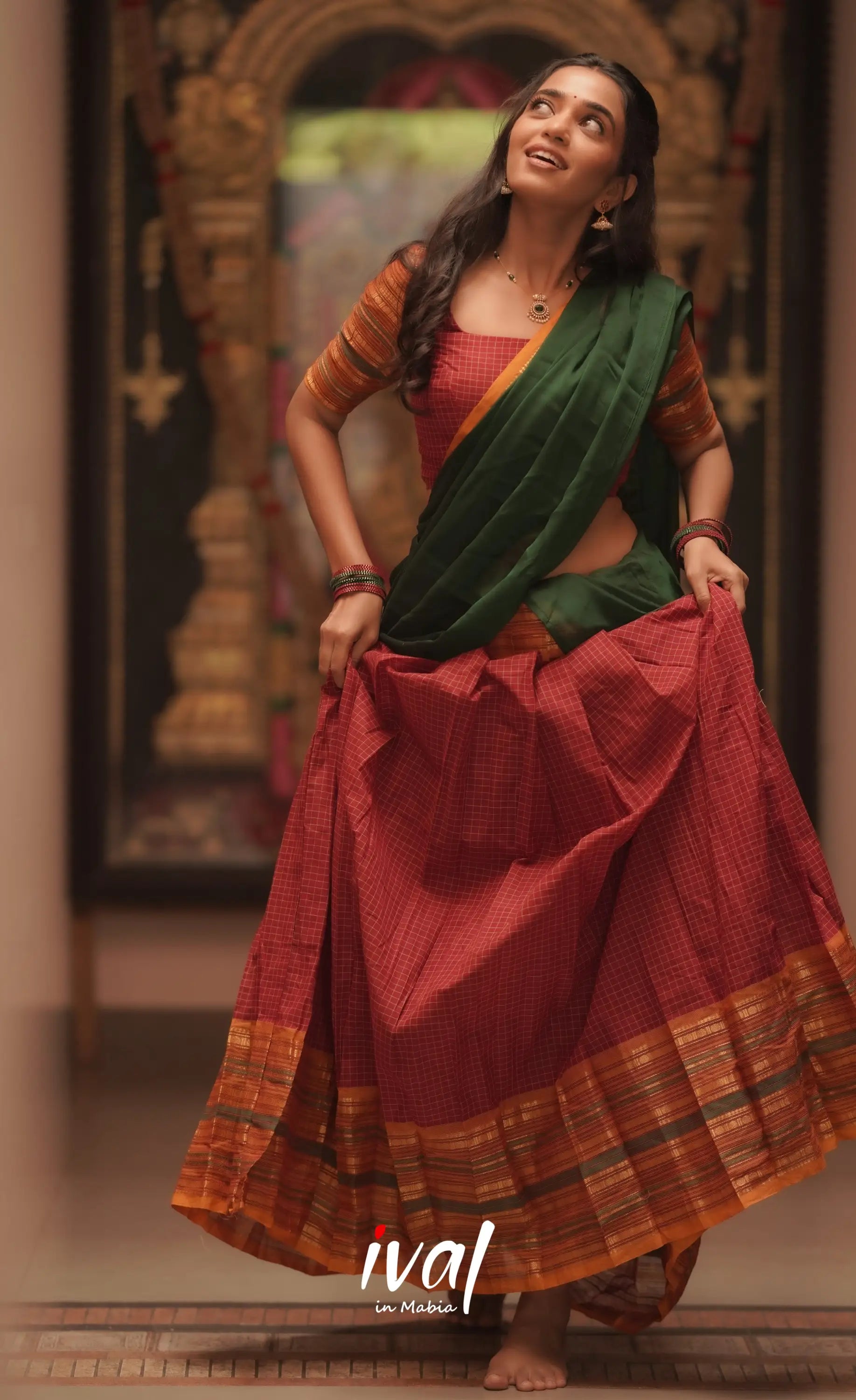 Padmaja Cotton Halfsaree - Maroon and Bottle Green – Ivalinmabia