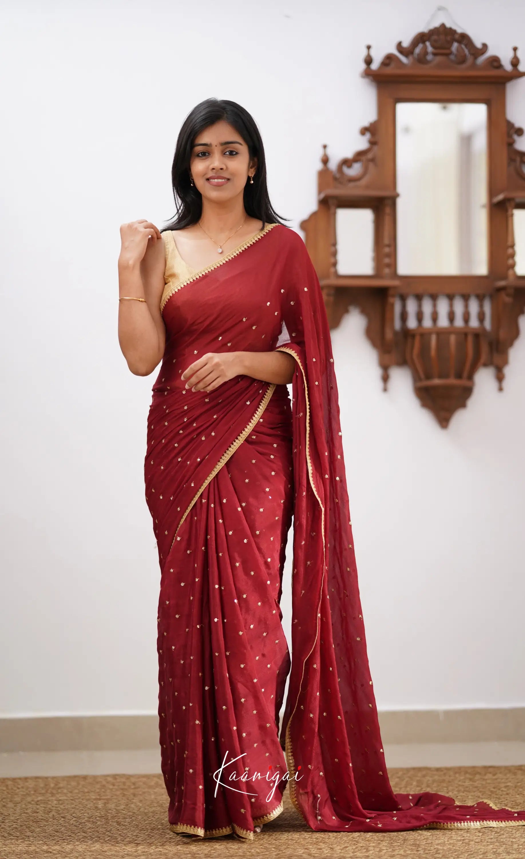 Tara- Brownish Maroon Chinnon Saree – Ivalinmabia